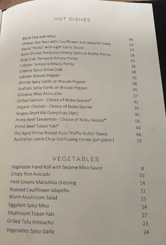 Menu: Nobu Atlanta–Experience Delicate Peruvian and Japanese Cuisine in ...