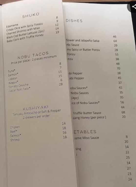 Menu: Nobu Atlanta–Experience Delicate Peruvian and Japanese Cuisine in ...